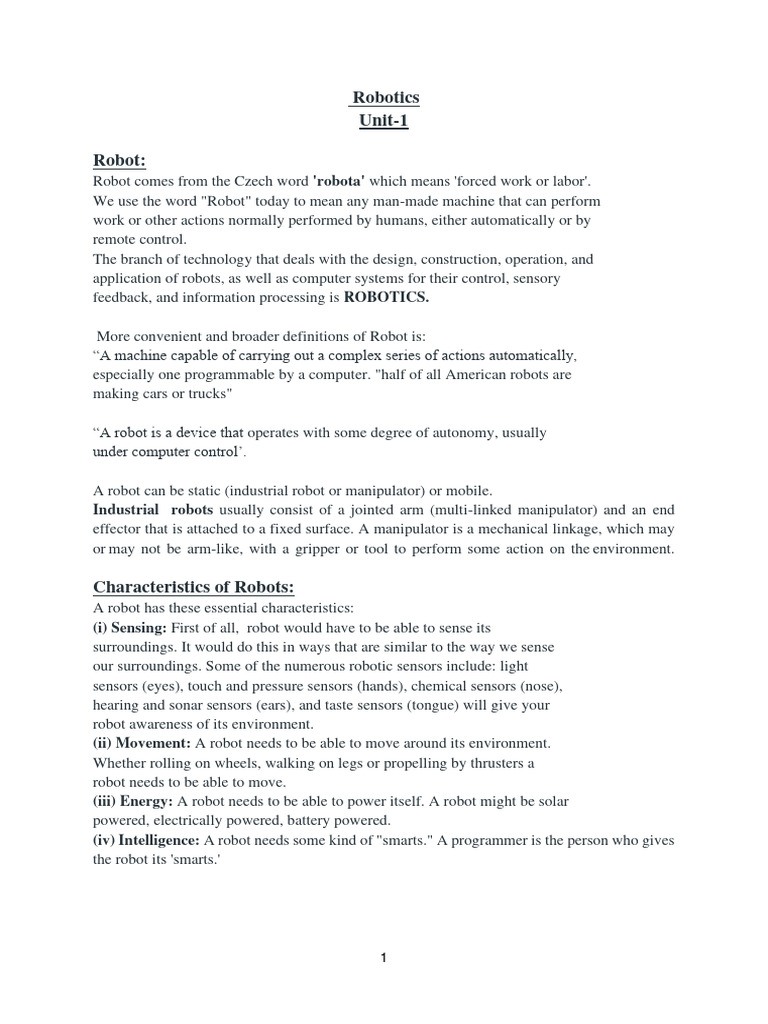 Robotics Unit-1 Notes | PDF | Robotics | Robot