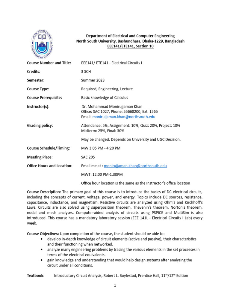 Course Outline EEE141 22 KMM | PDF | Series And Parallel Circuits | Electrical Network