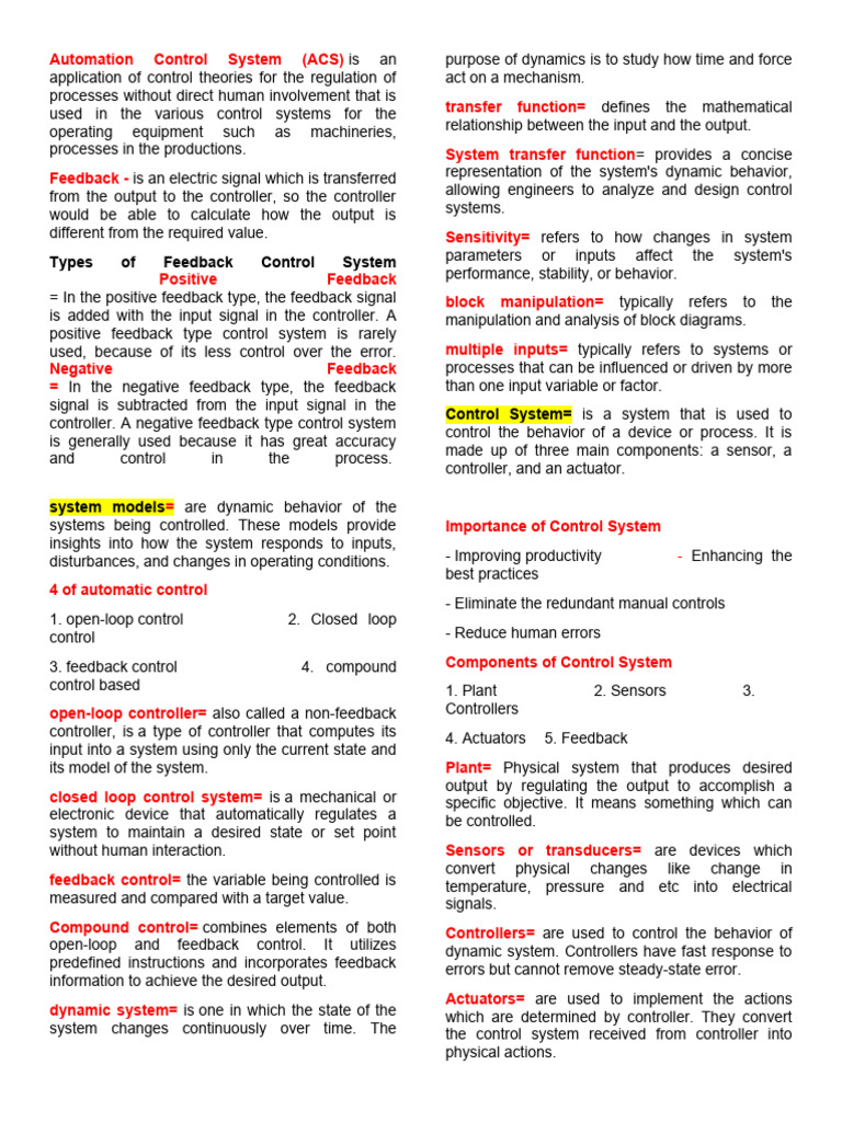 Rev. in Auto Contol System | PDF | Control Theory | Feedback
