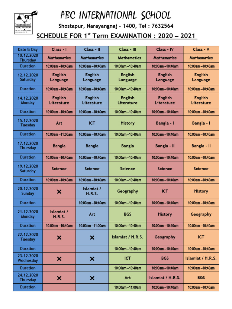 2020-21 Term Exam Schedule for Classes I-V | PDF