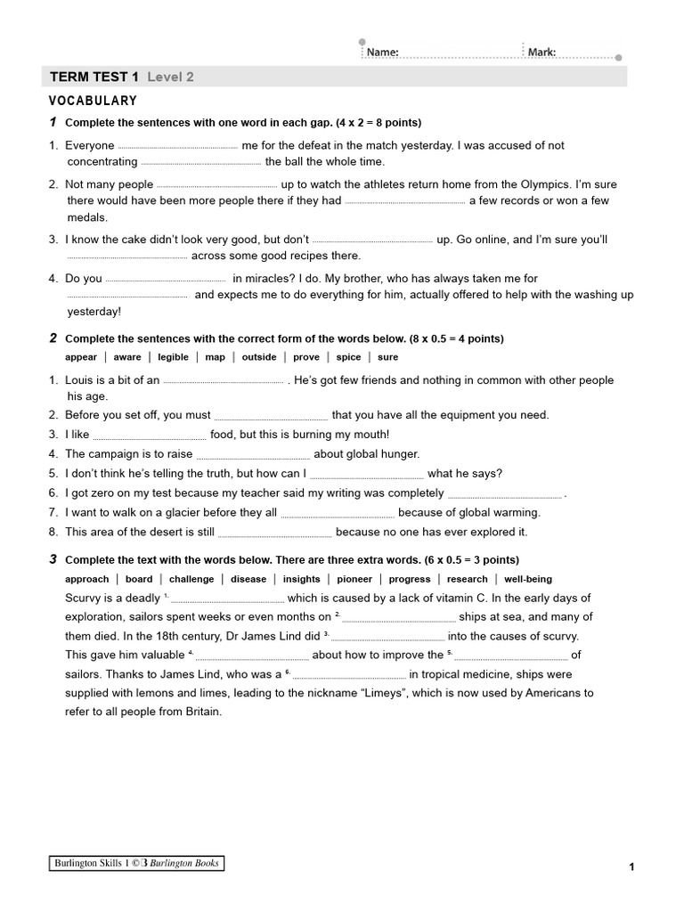 01skills1 Term1 L2 Test VocabularyGrammar | PDF | Linguistics