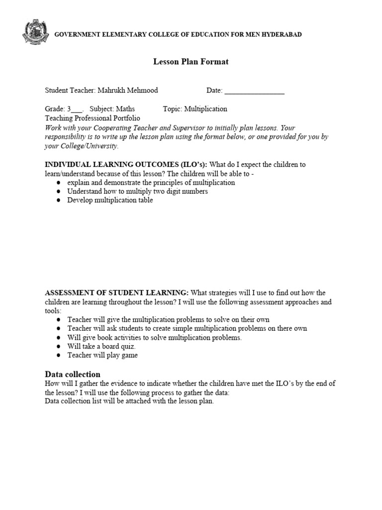 multiplication lesson plan | PDF | Lesson Plan | Educational Assessment