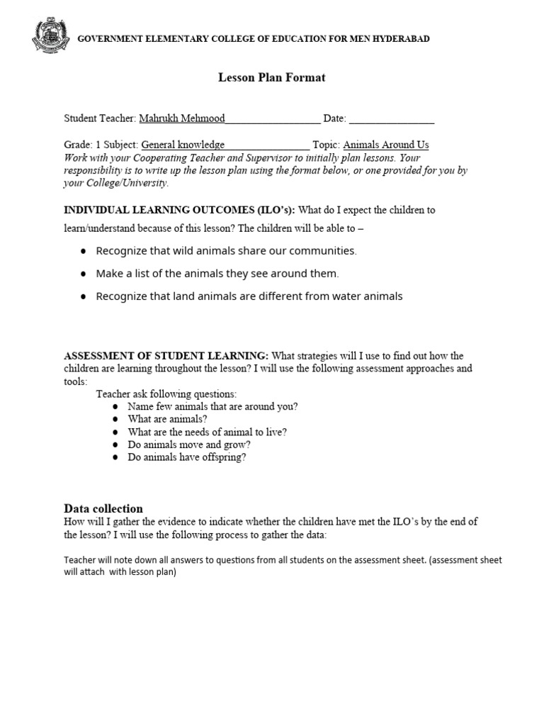 Class 1 Lesson Plan: Animals Around Us | PDF | Lesson Plan | Teachers