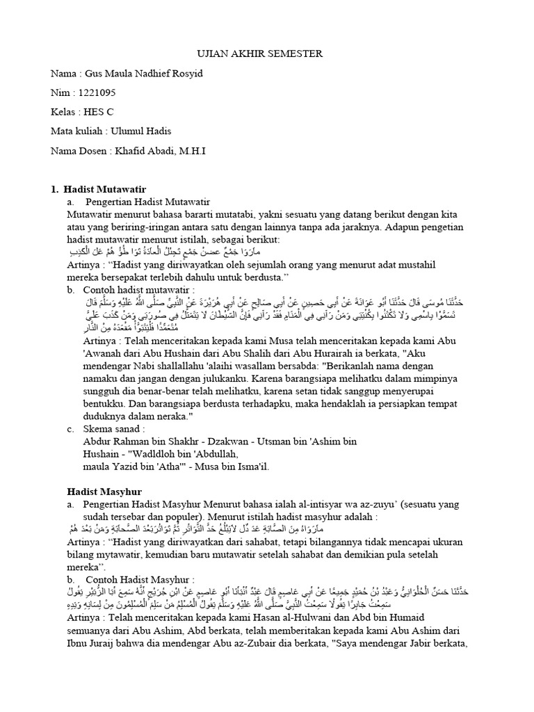 Uas Ulumul Hadis - Gus Maula Nadhief Rosyid - 1221095 | PDF | Agama & Spiritualitas