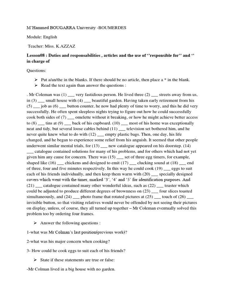 Duties and Responsabilities - Articles and Use of Responsible For and ...