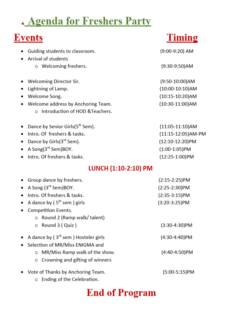 Agenda - For - Freshers PArty | PDF