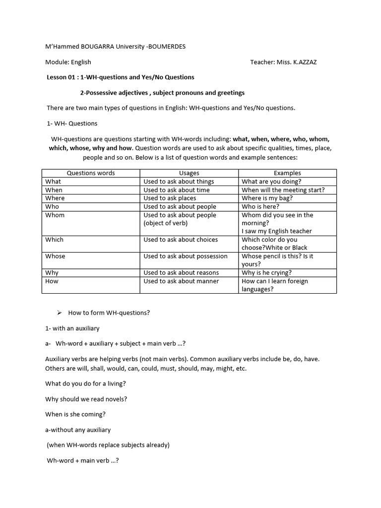 Lesson 1 WH, Yes No Questions, Greetings...... Etc | Download Free PDF ...