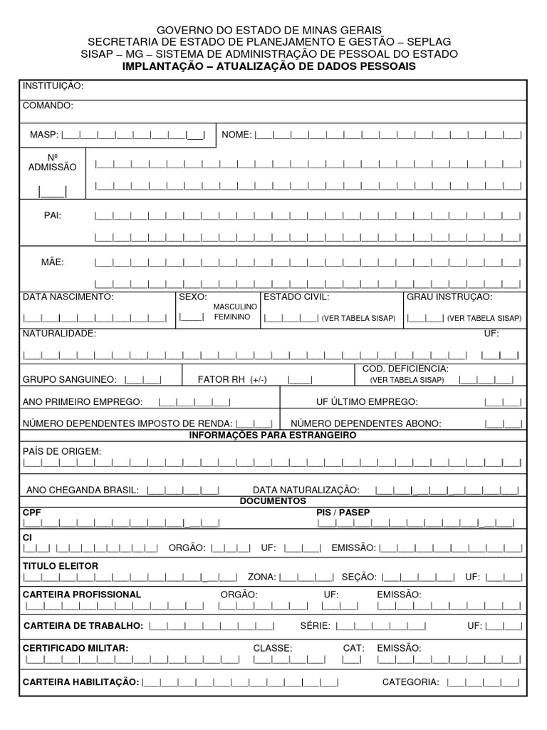 Formulário de Implantação e Atualização de Dados Pessoais | PDF