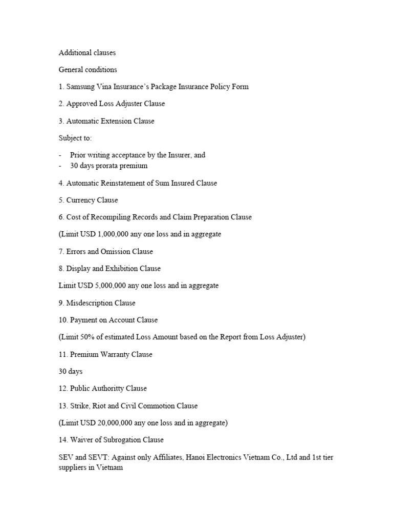 Additional Clause | PDF | Insurance | Deductible