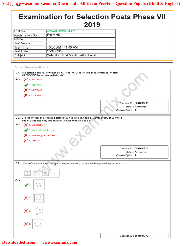 SSC Selection Post Phase VII (2019) Question Paper 15.10.2019 English ...