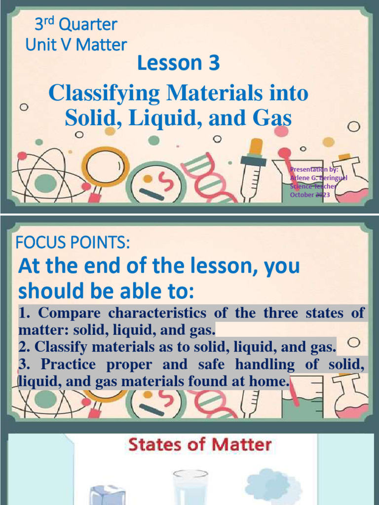Grade 1 3rd Quarter Unit 5 Lesson 3 Classifying Materials Into Solid ...