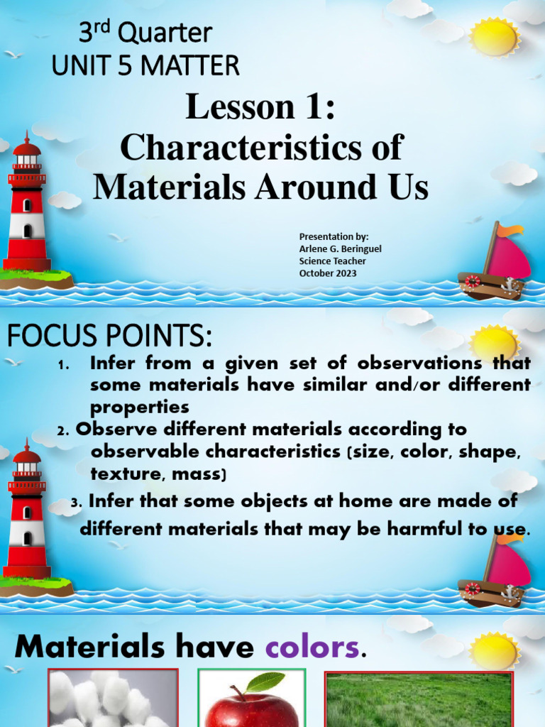 Grade 1 3rd Quarter Unit 5 Lesson 1 Characteristics of Materials Around ...
