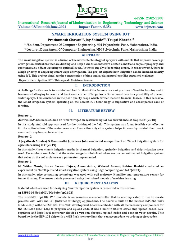 Smart Irrigation System Using Iot | PDF | Internet Of Things | Sensor