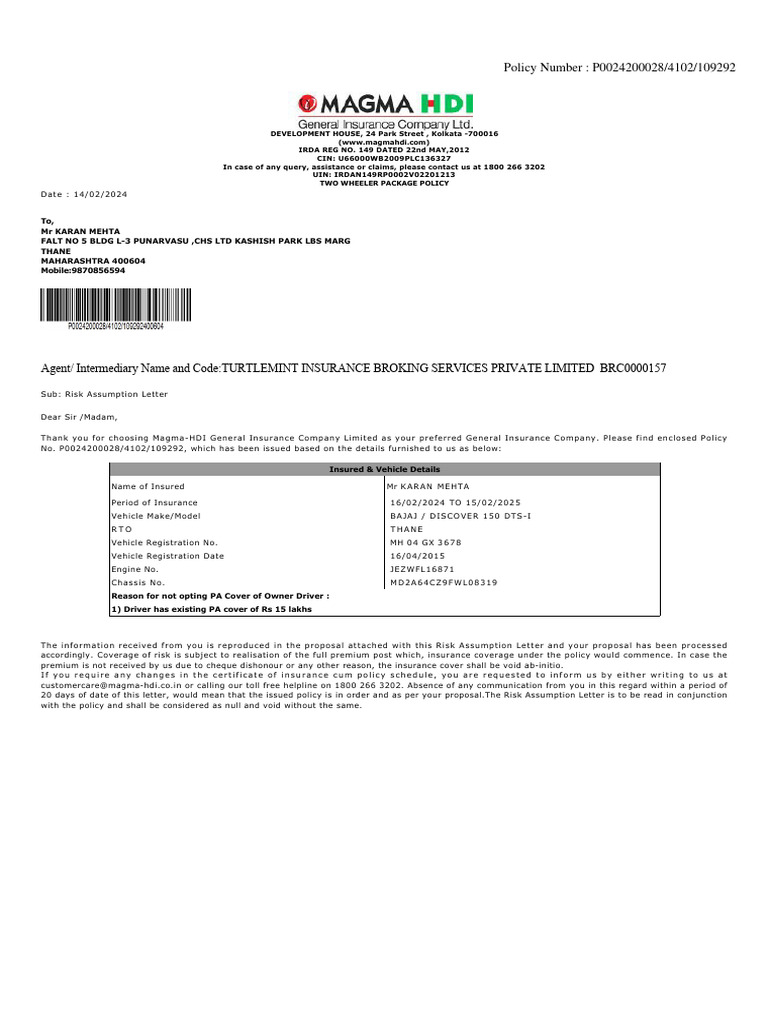 Agent/ Intermediary Name and Code:TURTLEMINT INSURANCE BROKING SERVICES ...