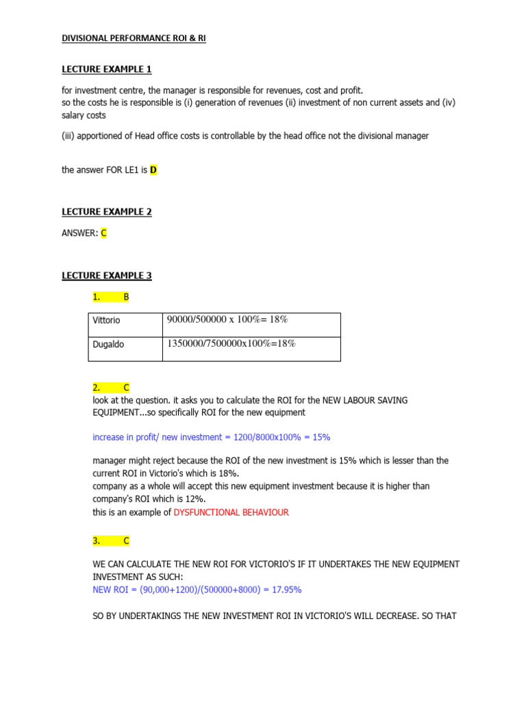 Lecture Example CN - Divisional Performance Edit | PDF | Return On Investment | Depreciation