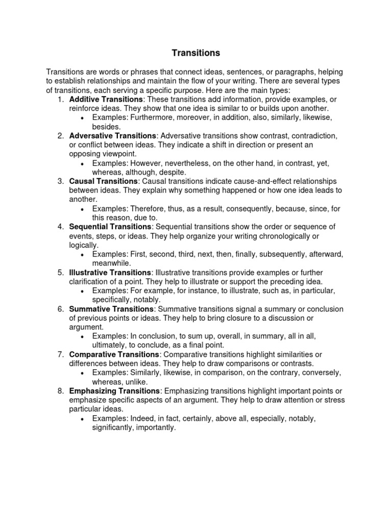 Transitions | PDF | Paragraph | Causality