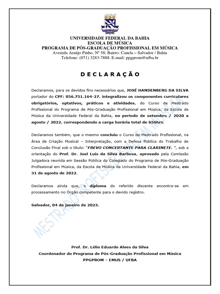 Declaração de Conclusão Do Mestrado | PDF | Pós-graduação