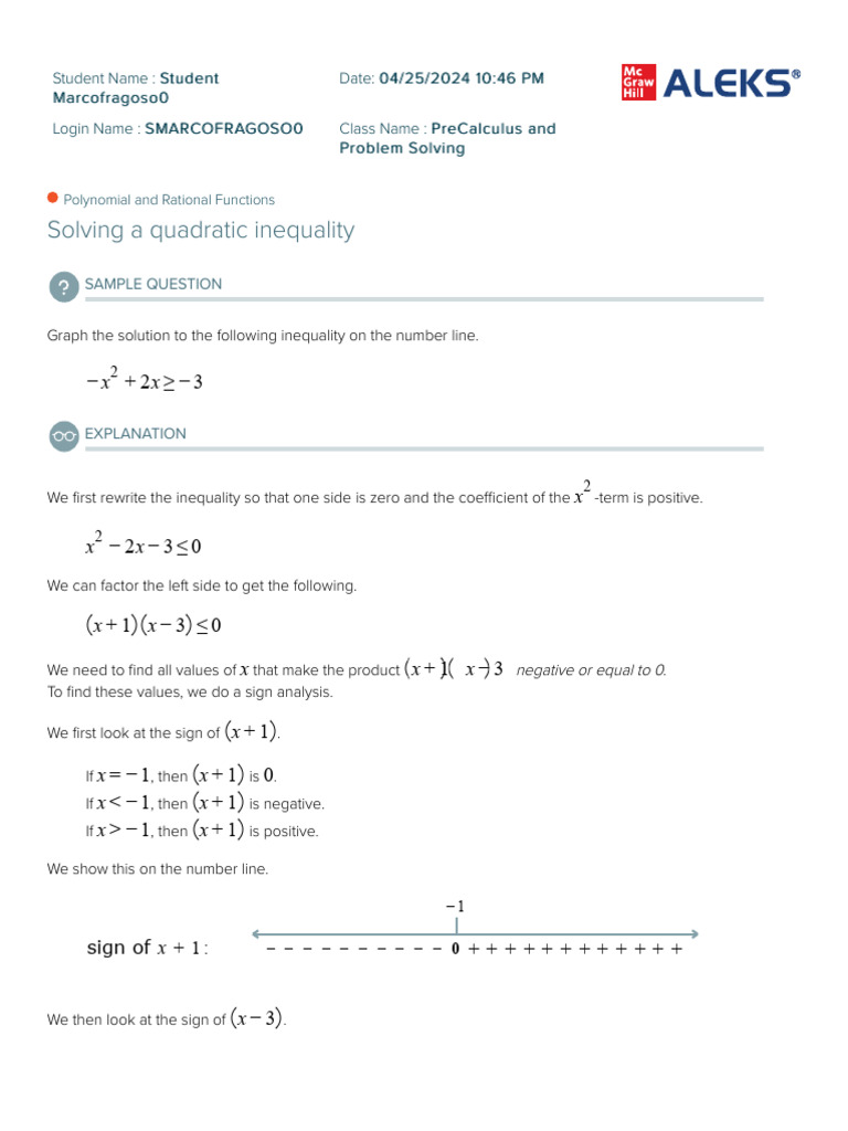 35 - Polynomial and Rational Functions - Solving A Quadratic Inequality | PDF | Quadratic ...