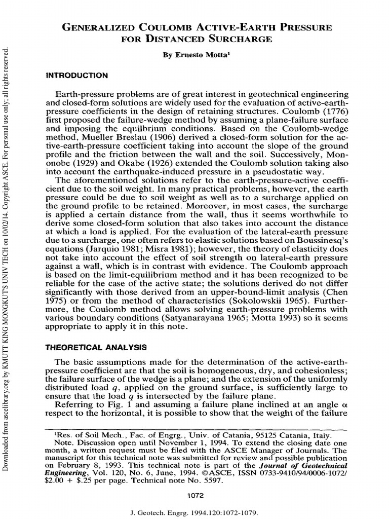 Motta - 1994 - GENERALIZED COULOMB ACTIVE-EARTH PRESSURE FOR DISTANCED SURCHARGE | PDF | Applied ...