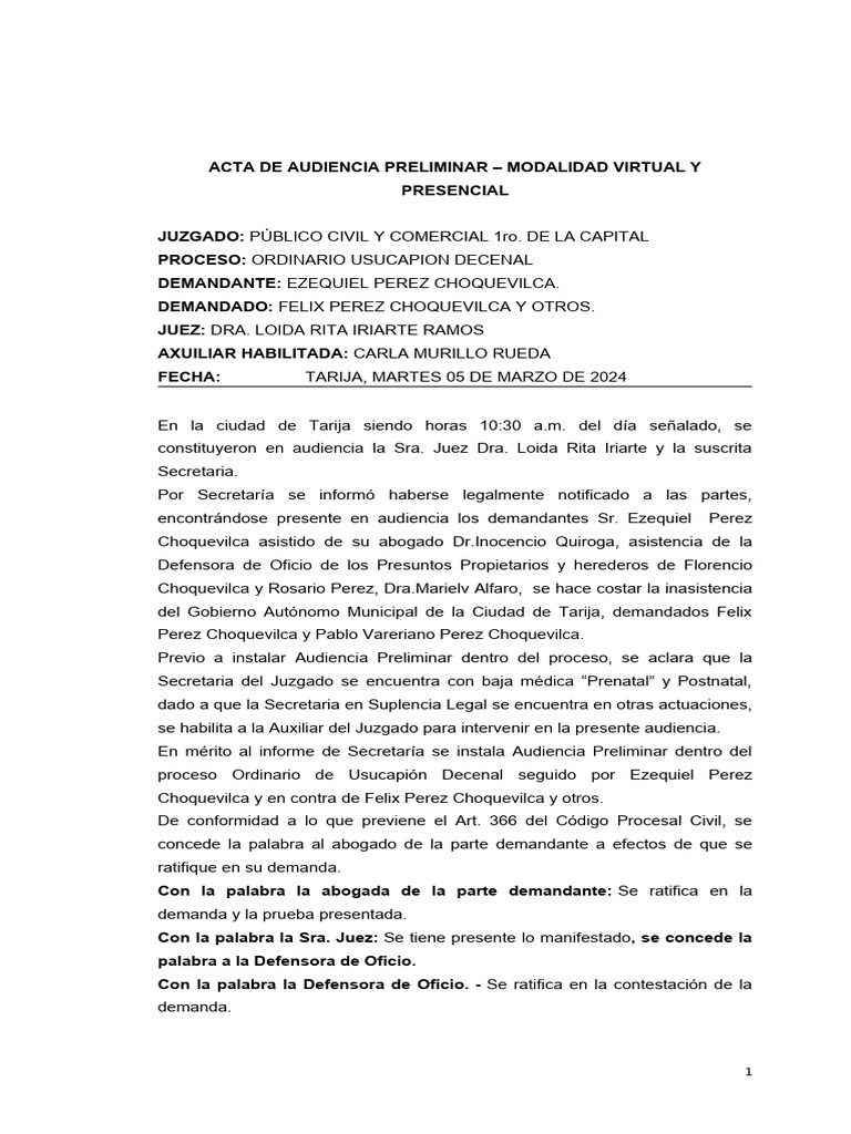 Modelo Acta de Audiencia | PDF | Demanda judicial | Ley procesal