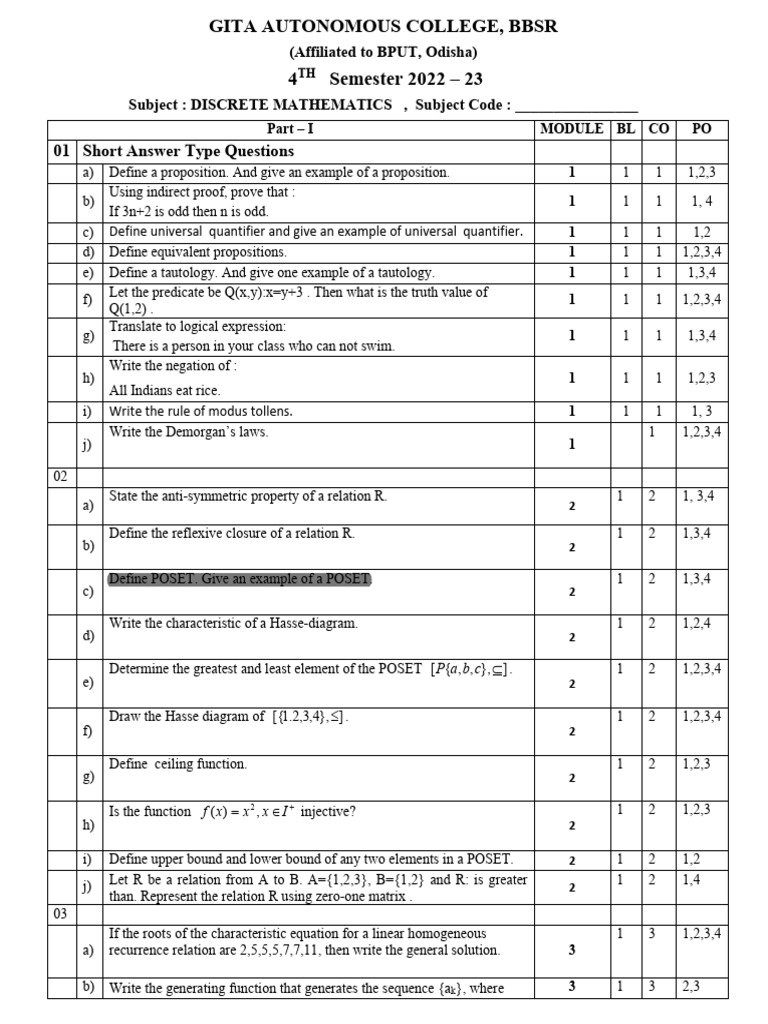Question Bank DM | PDF | Recurrence Relation | Function (Mathematics)