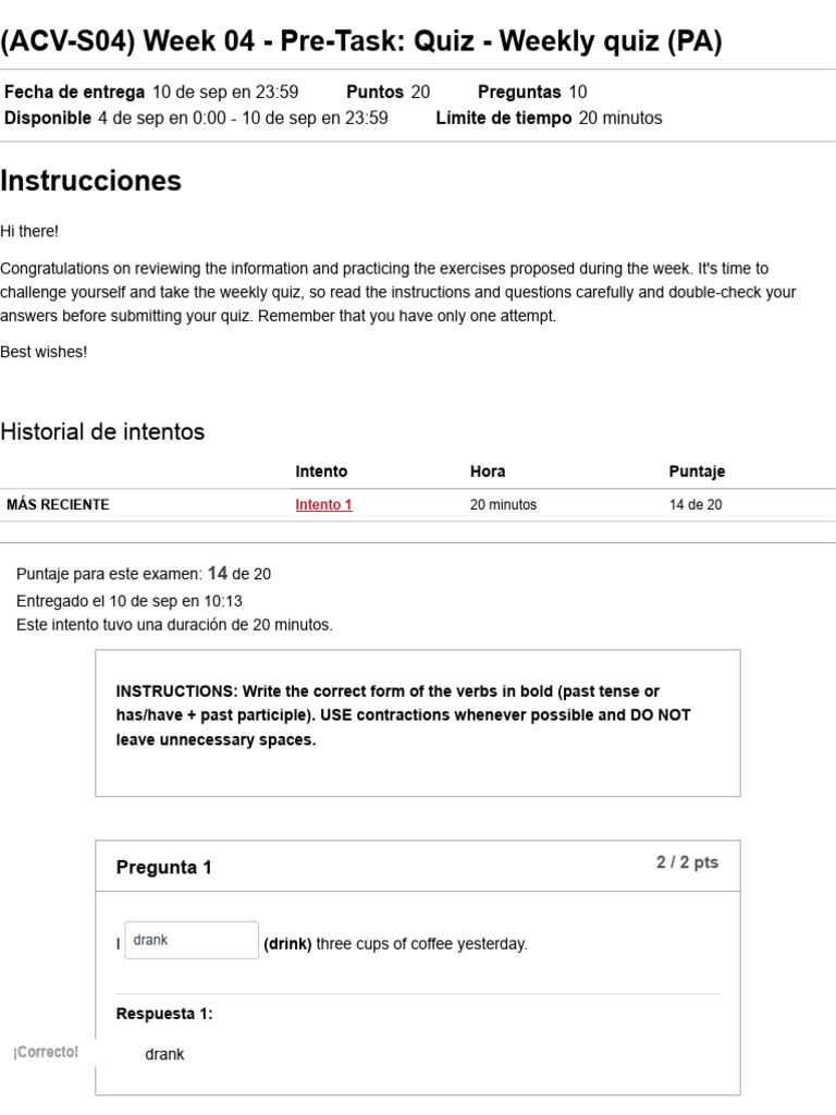 (ACV-S04) Week 04 - Pre-Task - Quiz - Weekly Quiz (PA) - INGLES IV (40437) | PDF