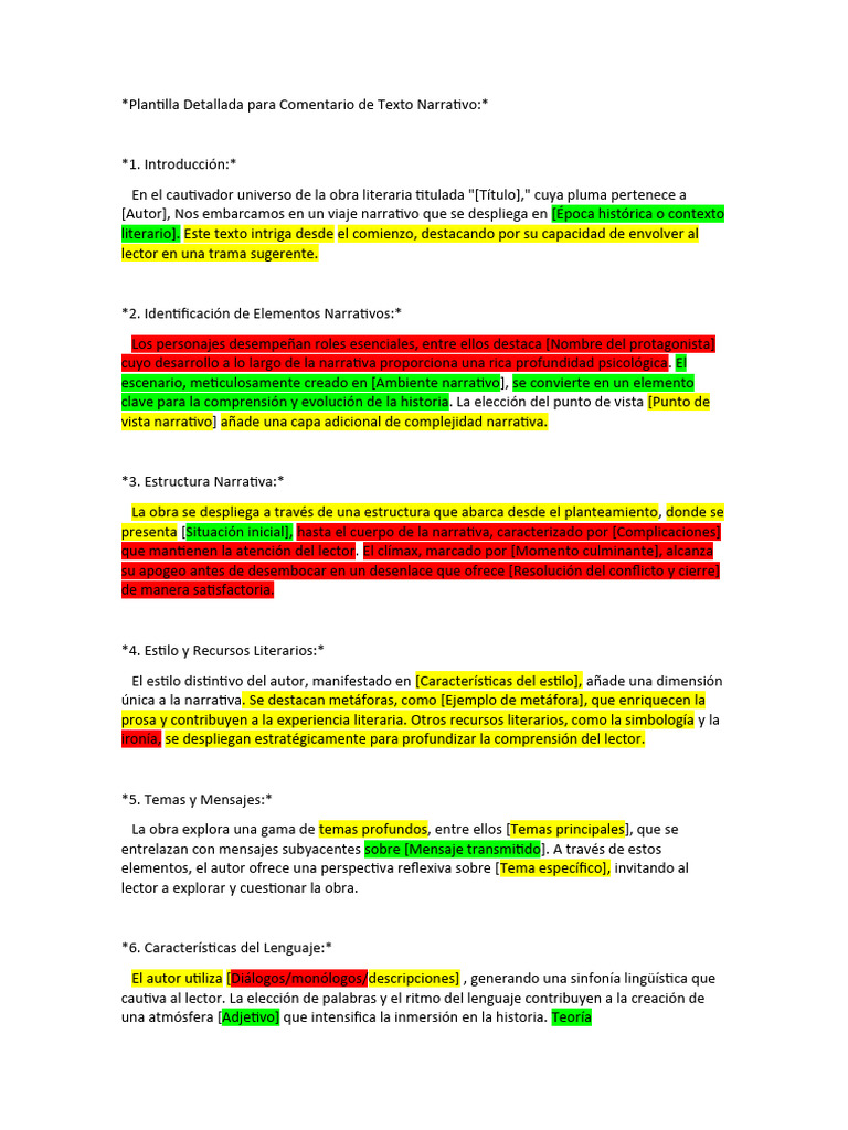 Plantilla Detallada para Comentario de Texto Narrativo | PDF | Narración | Narrativa