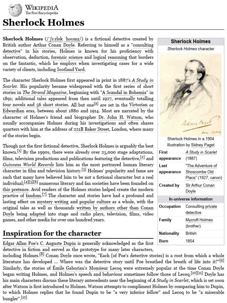 Sherlock Holmes: Inspiration For The Character | PDF | Sherlock Holmes ...