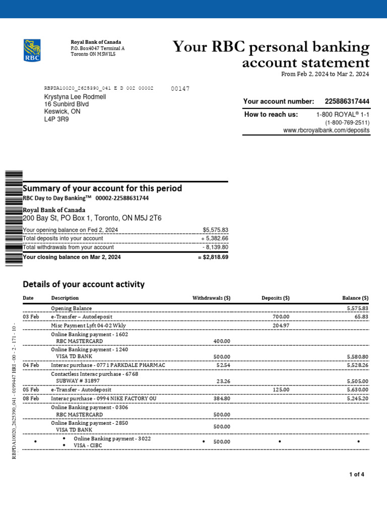 Your RBC Personal Banking Account Statement | PDF | Banks | Cheque