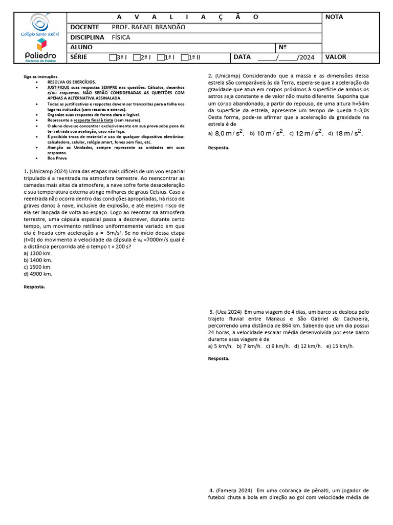 Prova Trimestral 1 I e 1ii - Cinemática Escalar Mu Muv - Física Csa ...