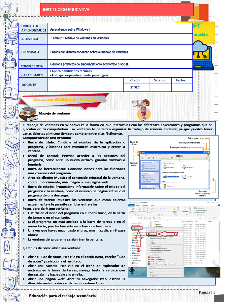 1°y2° EPT. COMPUTACION FICHA ACTV 01.UNIDAD 02 | PDF | Ventana (informática) | Informática