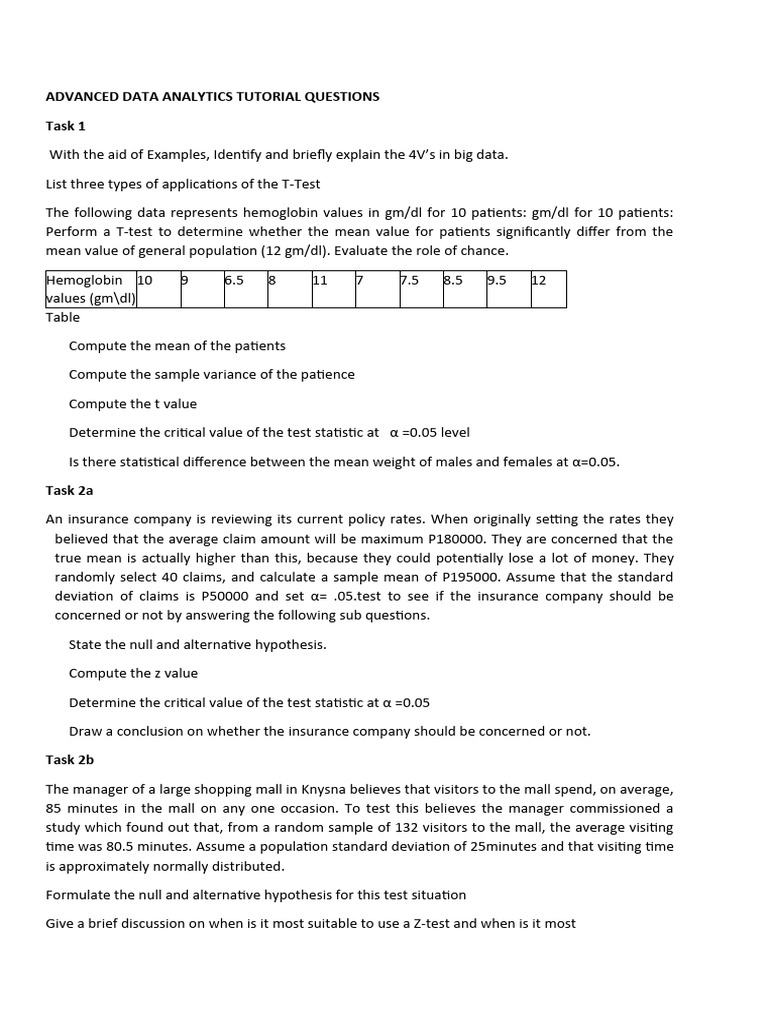 ADVANCED DATA ANALYTICS TUTORIAL PRACTICE QUESTIONS Session 2 | PDF ...