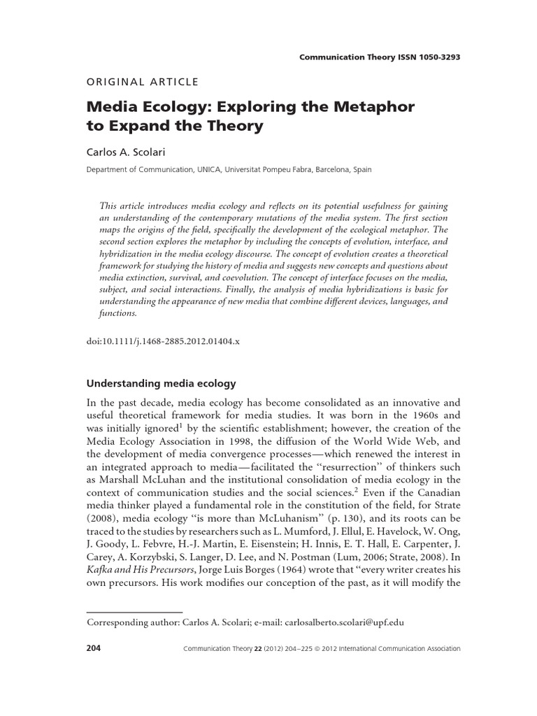 Media Ecology: Theory and Metaphors | PDF | Evolution | Ecology