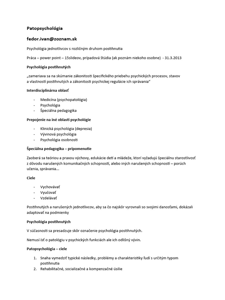 Patopsychológia | PDF