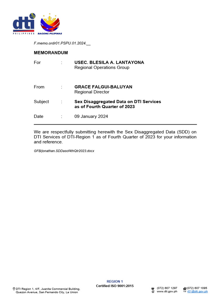 MEMO - SDD As of 4th Quarter 2023 | PDF