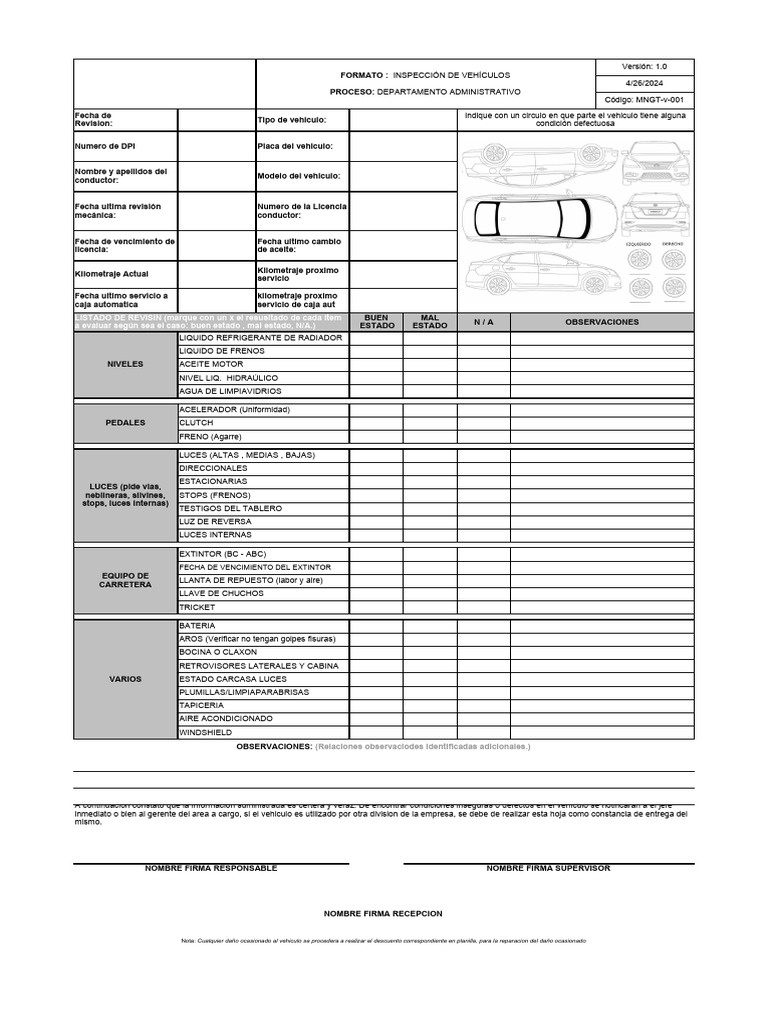 Formato - Formato Inspeccion de Vehicular Sedan | PDF | Vehículos ...