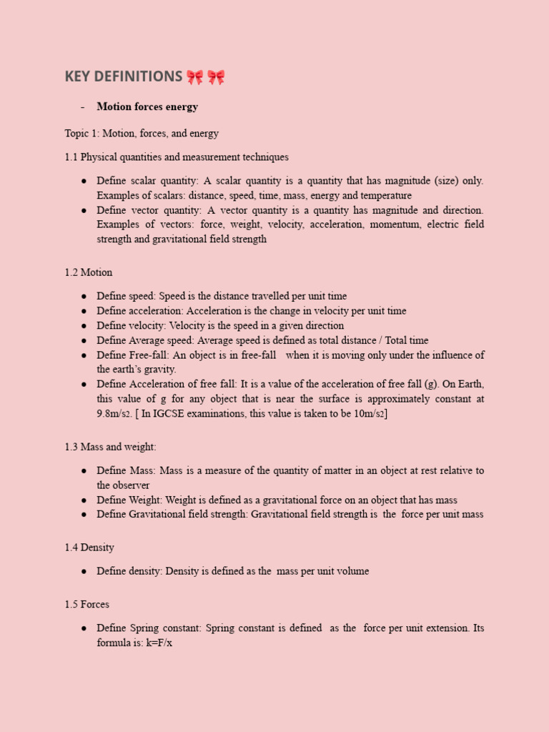 Key Definitions IGCSE Physics | PDF | Waves | Force