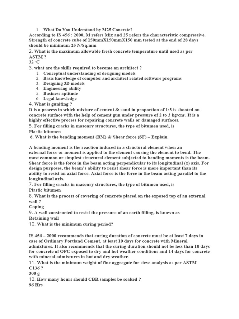 Interview Technical Questions | PDF | Concrete | Reinforced Concrete