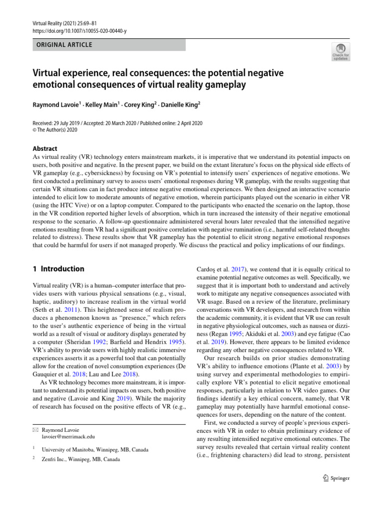 Virtual Experience, Real Consequences: The Potential Negative Emotional Consequences of Virtual ...