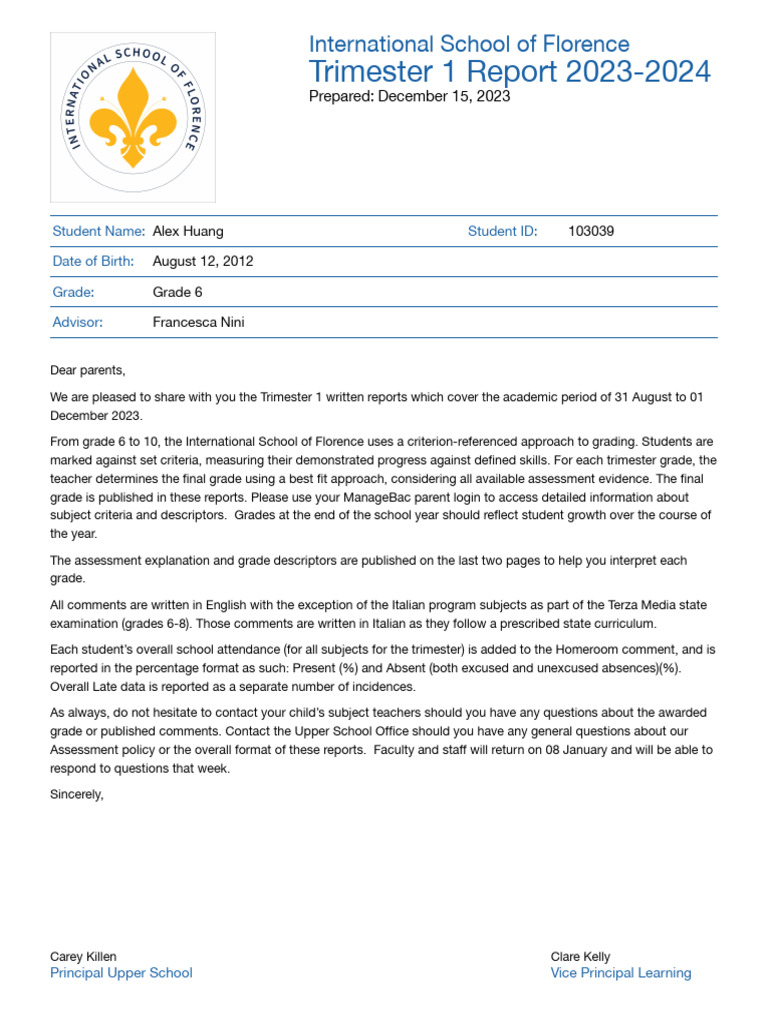 Alex Huang's Trimester 1 Report 2023-24 | PDF | Science | Communication