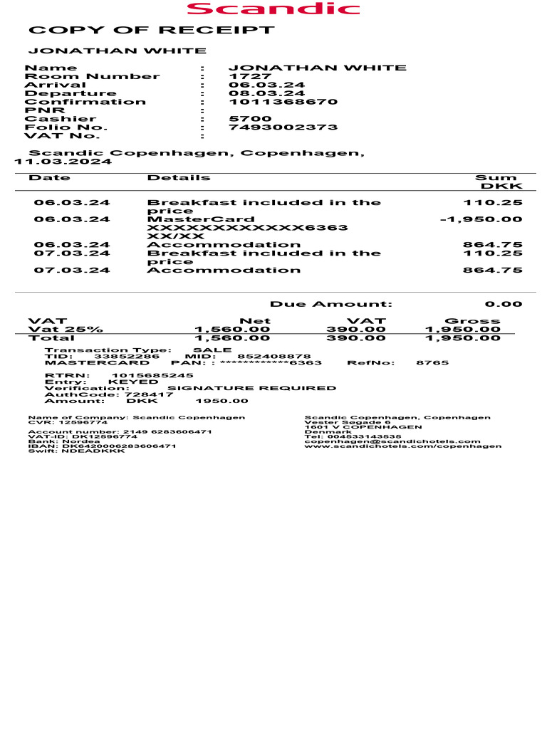 Scandic Copenhagen Hotel Receipt | PDF