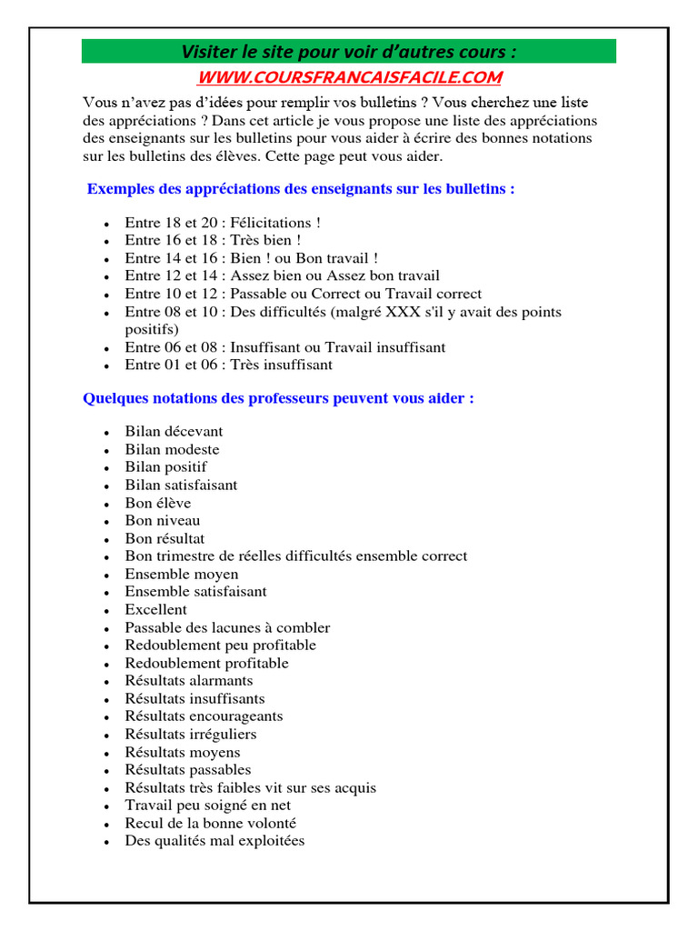 Appréciations pour bulletins scolaires | PDF
