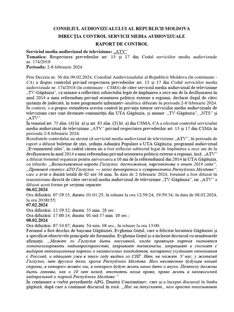 Raport de Control Al ATV Realizat de Consiliul Audiovizualului | PDF