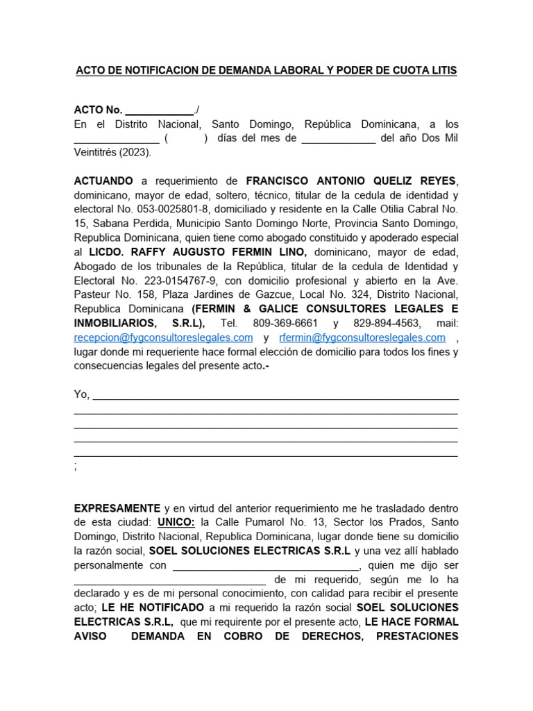 ACTO DE NOTIFICACION DE DEMANDA LABORAL Y PODER DE CUOTA LITIS ...