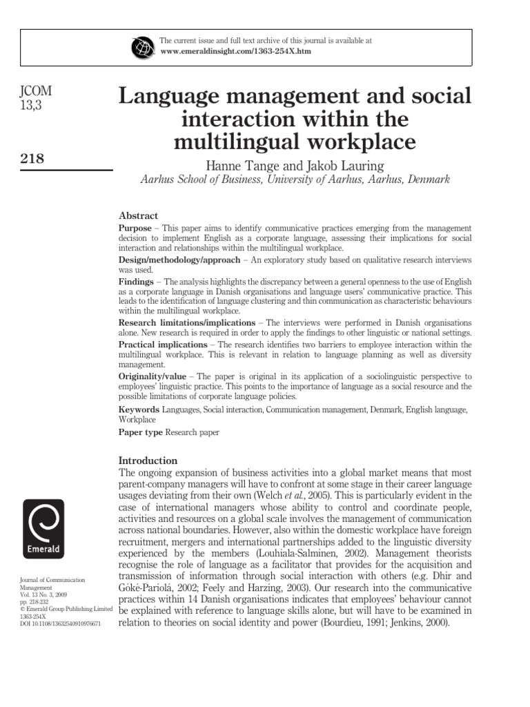 Multilingual Workplace Language Dynamics | PDF | Cross Cultural ...
