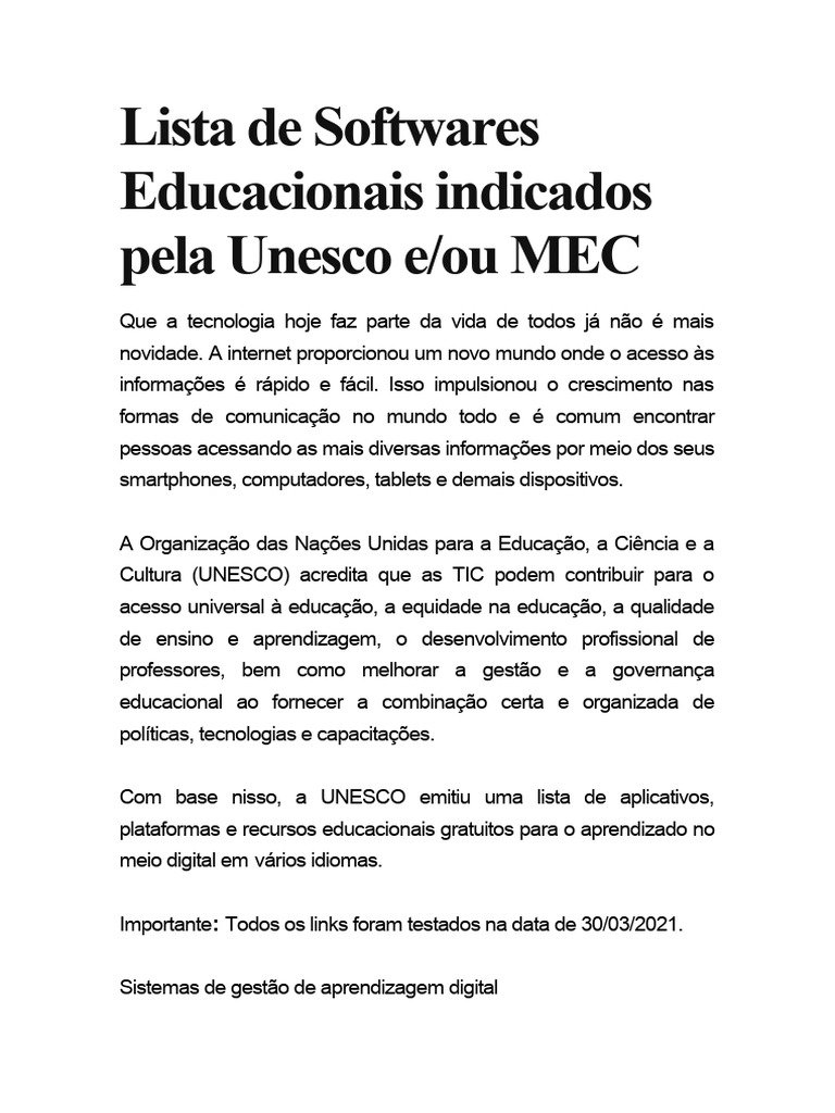 Lista de Softwares Educacionais Indicados Pela Unesco Eou MEC | PDF ...
