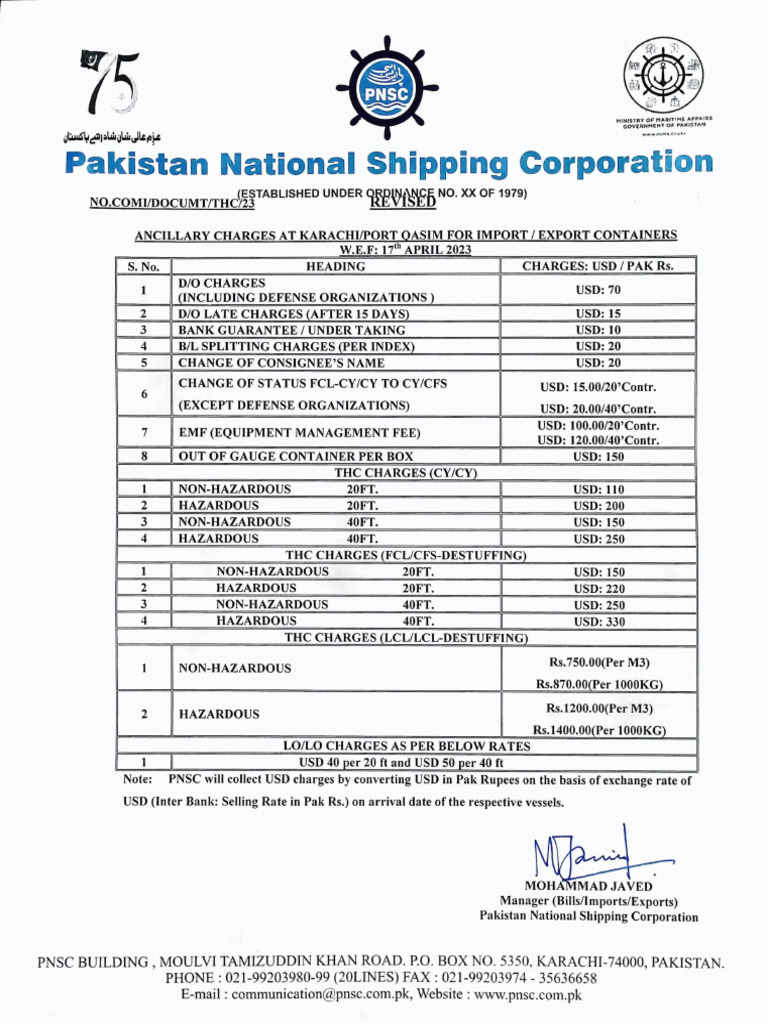 ANCILLARY CHARGES AT KPT& PQA Dated 17-04-2023 | PDF