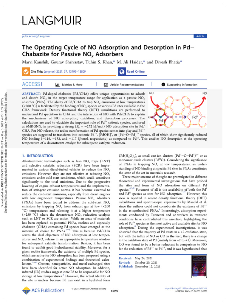 NO Operating Cycle in Passive NOx Adsorbers | PDF | Adsorption | Density Functional Theory