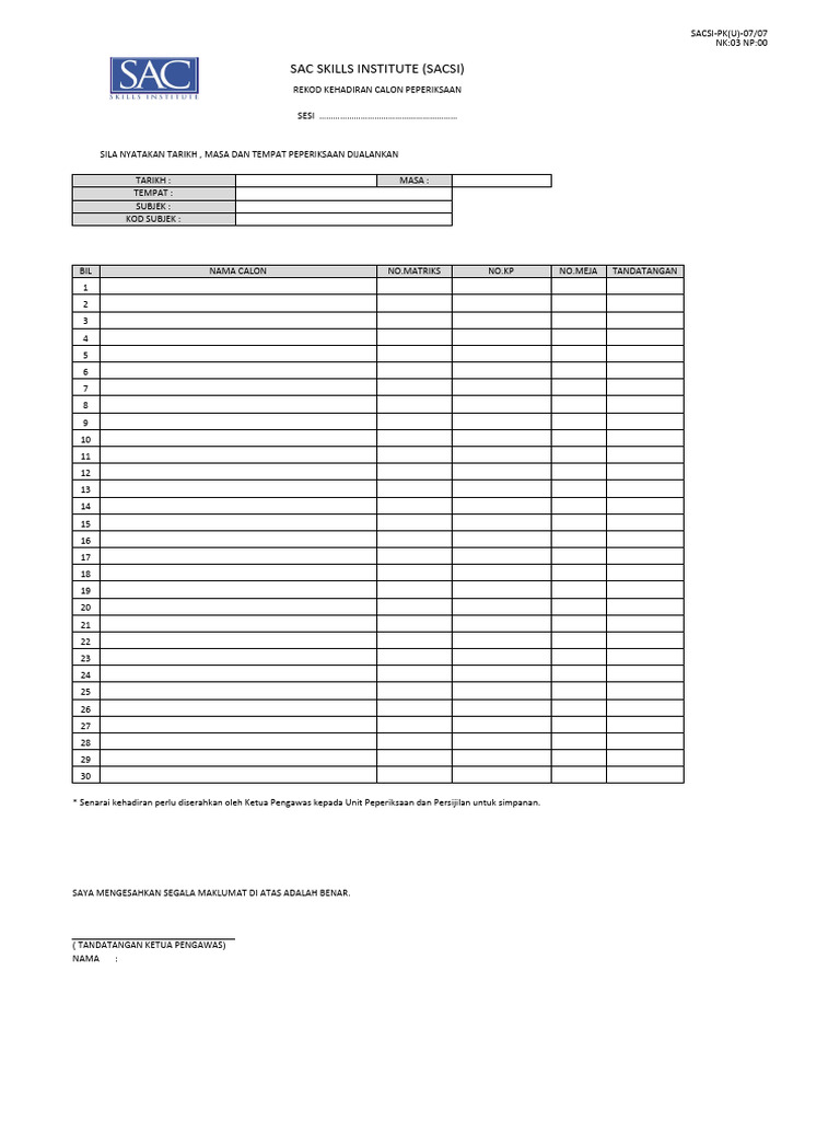 SACSI-PK (U) - 07 - 07 Borang Kehadiran Calon Peperiksaan | PDF