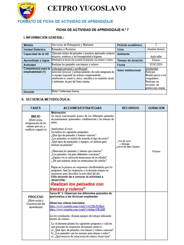 FICHA DE ACTIVIDAD DE APRENDIZAJE #7 de Peinados | PDF | Evaluación | Metacognición